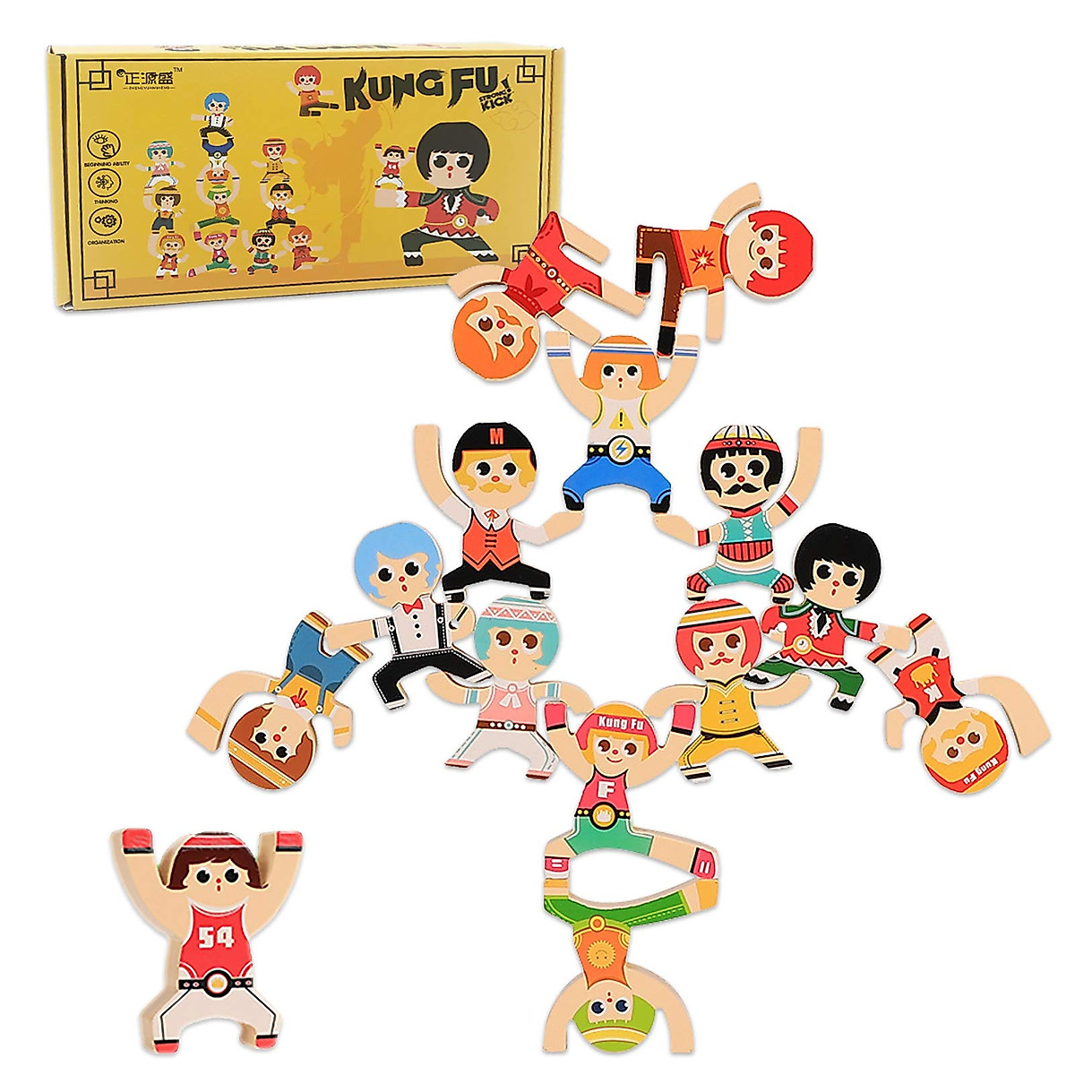 Naughtybro Wooden Stacking Balancing Blocks Building Games, Kung Fu Boy Hercules Acrobatic Troupe Interlock Balance Toys Gift for Toddlers Kids & Teens 14 Pieces