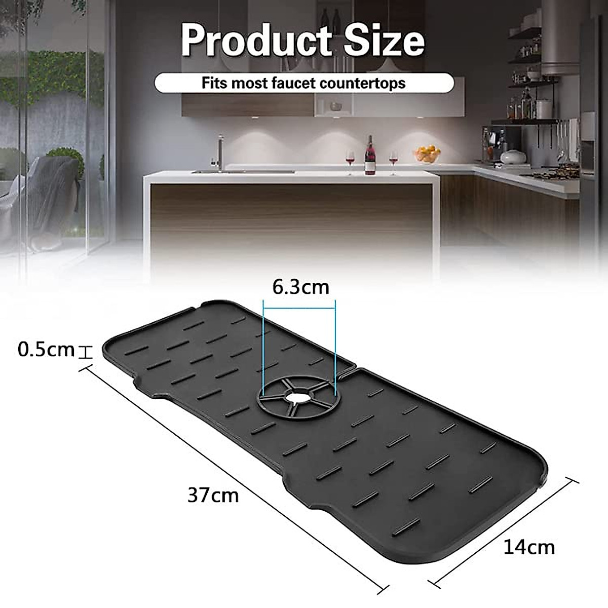 Silicone Sink Splash Guard with Dish Soap Sponge Holder, Bathroom Faucet Water Catcher Mat, Absorbent Drain Drying Pad, Mat Self Draining Drip Catcher, Black, 14.6 x 5.5 x 4.3, (J-BLACK)
