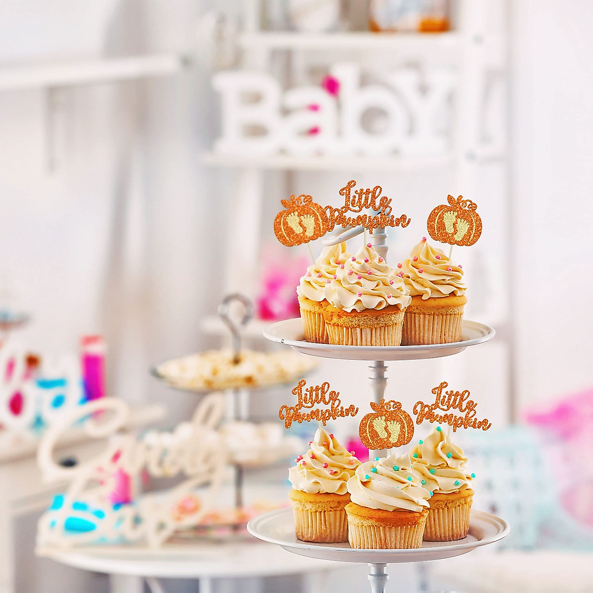 24Pcs Little Pumpkin Cupcake Toppers Glitter Pumpkin Cupcake Picks Little Pumpkin Baby Shower Decorations Fall Harvest Theme Baby Shower Kids Birthday Party Supplies