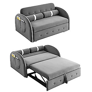 Ucloveria Convertible Sleeper Sofa Bed, Loveseat Futon Sofa Couch w/Pull Out Bed w/ 2 Side Pockets, Creative Curved Armrest Velvet Adjustable Backrest with 2 Pillows for Living Room, Grey