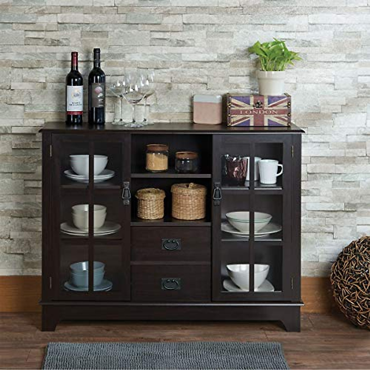 Knocbel Contemporary Console Table Buffet Sideboard Storage Cabinet with 2-Drawer, 2 Open Compartments & 2 Glass Doors, 42" L x 12" W x 32" H (Espresso)