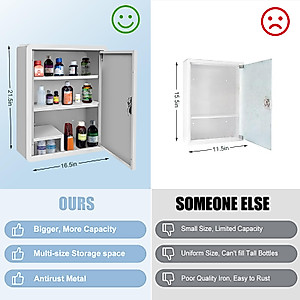 LJJJXXX Wall-Mounted Medicine Cabinet, Large Latching First Aid Cabinet for Safe Storage of Medications, First Aid Kit for Home, Bathroom, Office, School, 16.5 x 6.6 x 21.5 Inch (Gray)