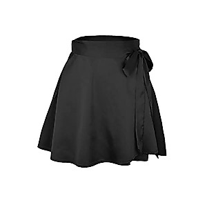 Umenlele Women's Satin Tie Knot Belted Waist Wrap Skater Mini Short Skirt Black X-Large