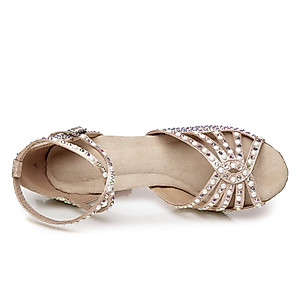 Minishion Women's Ankle Strap Beading Nude Satin Ballroom Dance Shoes Evening Sandals US 4