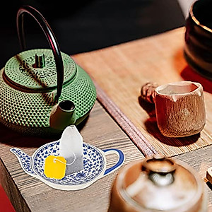 Soy Sauce Dish 4 Pcs Teapot Shaped Tea Bag Holder Ceramic Tea Bag Saucer Teabag Coaster Snack Dish Seasoning Dish for Home Kitchen Sauce Dessert Rest Spoon Blue Tea Plates