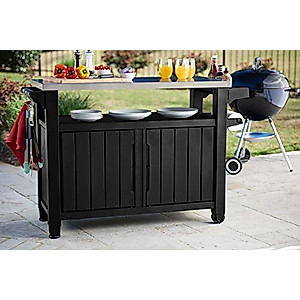 Keter Unity XL Portable Outdoor Table and Storage Cabinet with Hooks for Grill Accessories-Stainless Steel Top for Patio Kitchen Island or Bar Cart, Dark Grey
