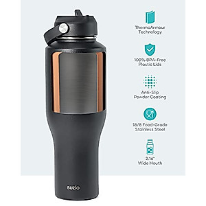 BUZIO 40oz Tumbler with Handle Straw Lid and Flex Lid, 40 oz Insulated Water Bottle Fits in Car Cup Holder, Double Wall Stainless Steel Travel Flask, Keeps Cold for 48 Hrs, Hot for 24 Hrs, Black