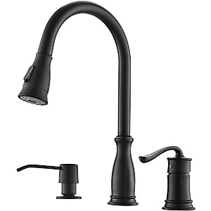 3 Hole Kitchen Faucet with Pull Down Sprayer, APPASO Kitchen Faucet with Soap Dispenser, 3 Pieces Kitchen Faucet with Separate Handle, Matte Black Kitchen Faucet 3 Hole, 218MB