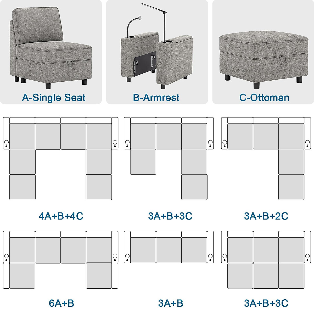 beyond SMART Fabric Middle Module for Modular Sofa, Customizable Sectional Sofa Couch, Accent Armless Chair with Storage Seat, Single Seat,Grey