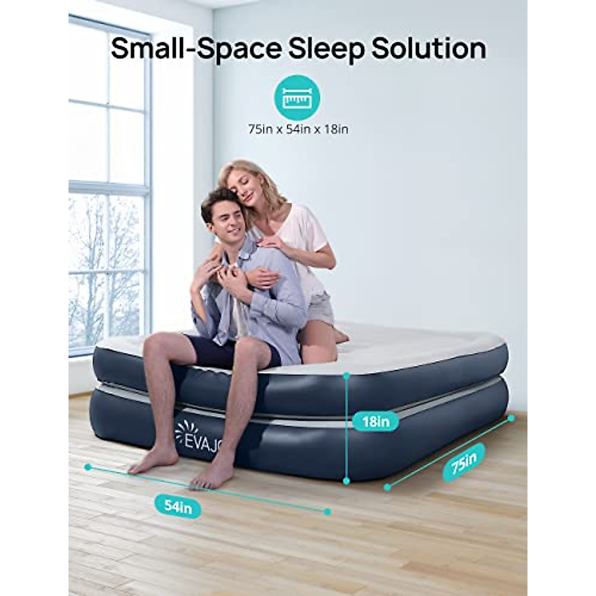 Evajoy Full Size Air Mattress with Built in Pump, 18'' Inflatable Luxury Double High Blow Up Mattress, Easy to Inflate/Quick Set Bed, Durable Portable Waterproof Blue & Grey (EJ-HF001)