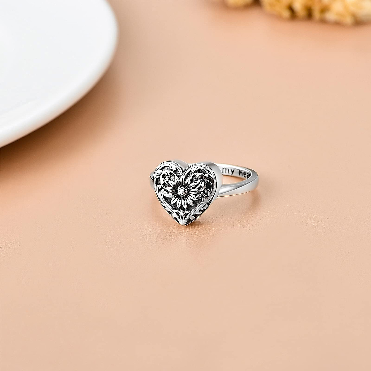SOULMEET Sunflower Locket Urn Ring That Holds Loved Ones Ashes Sterling Silver Personalized Locket Band Keepsake Memorial Jewelry Cremation Rings for Women Size 7 (Forever in My Heart Engraving)