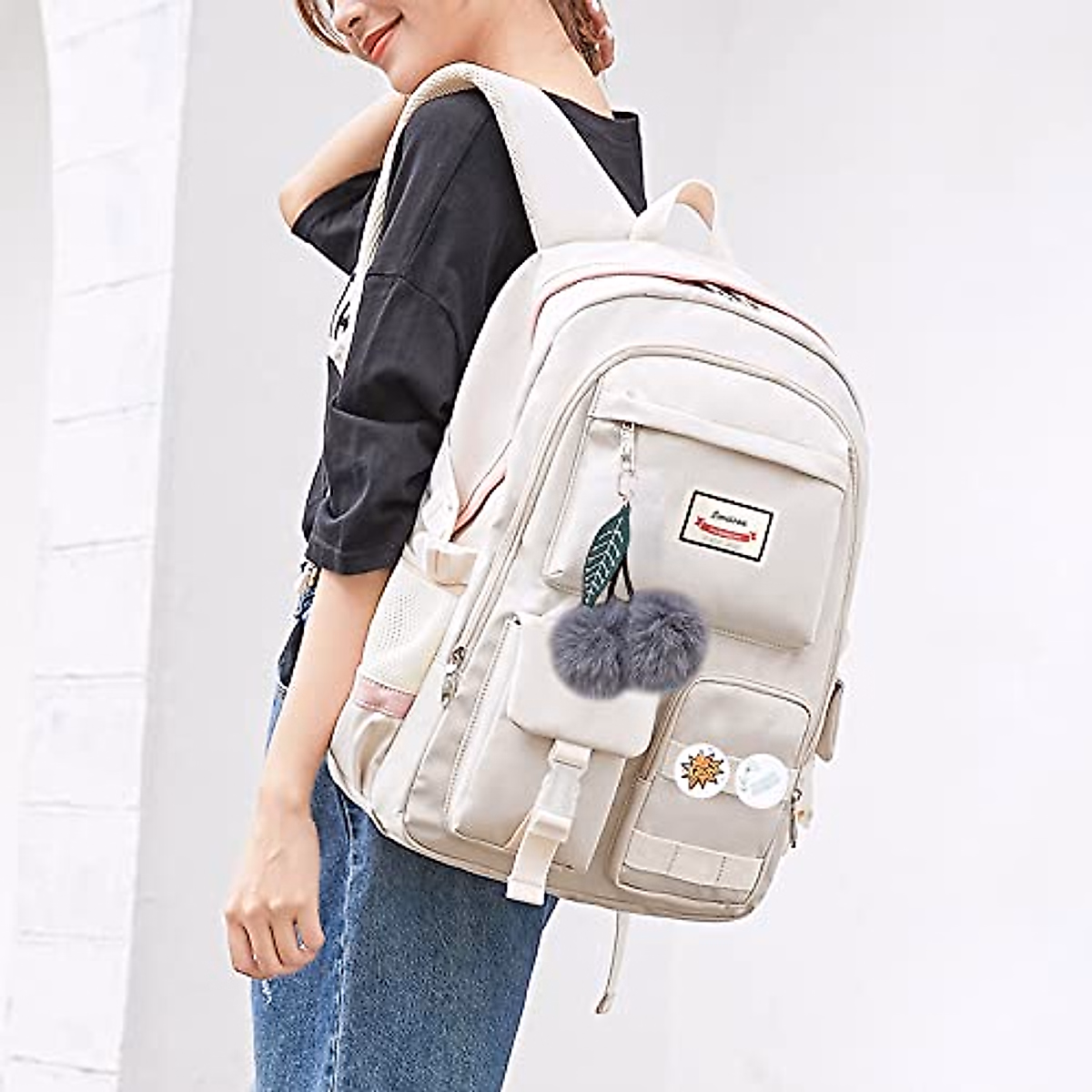 Lmeison Backpack for Girls Cute School Backpack for College Women Middle High School Laptop Backpacks 15.6 Inch School Bag Anti Theft Travel Daypack Large Bookbags for Teen Girls, White