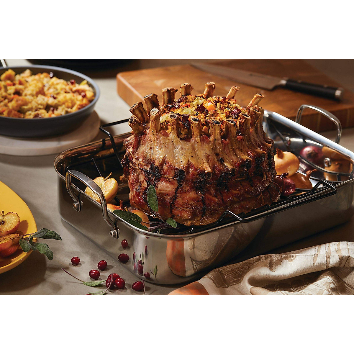 Anolon Triply Clad Stainless Steel Roaster / Roasting Pan with Rack - 17 Inch x 12.5 Inch, Silver