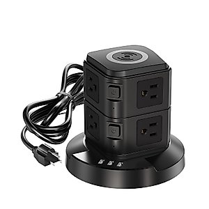Power Strip Tower Surge Protector, Extension Tower with Wireless Charging, Vertical Charging Station with 8 Plug 3 USB Ports, for Home Office Hotel Dorm,Black