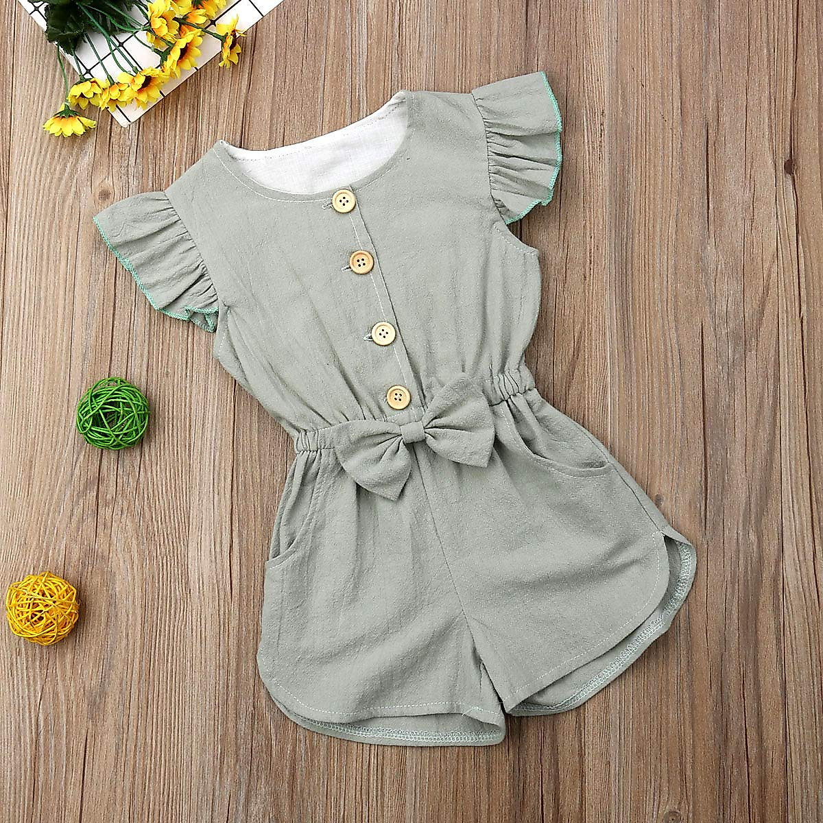 Toddler Kids Baby Girl Flutter Sleeve Short Romper Jumpsuit Botton Down Shirt Tops with Bowknot (Light Green, 4-5T)