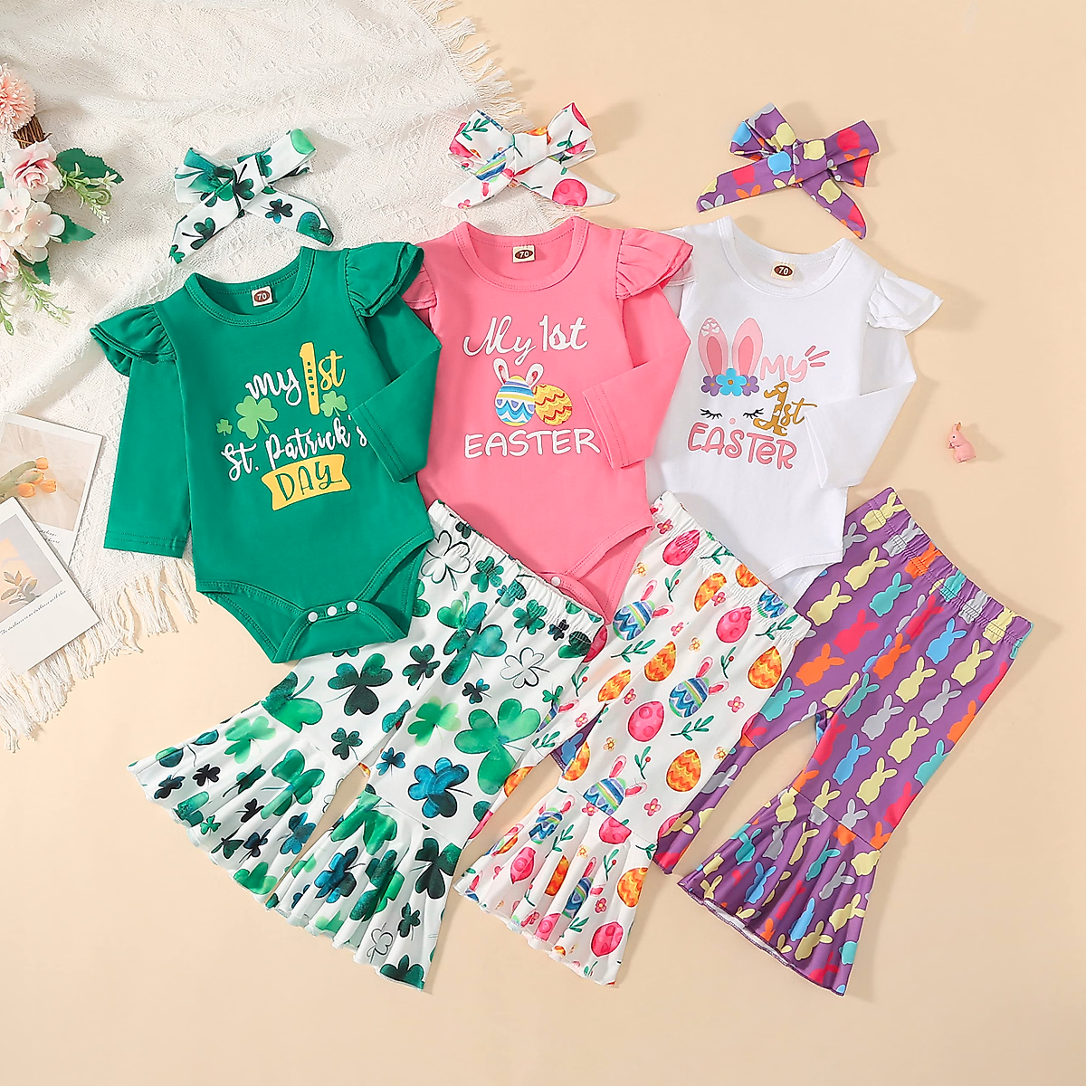 DEARBB Newborn Baby Girl My 1st St. Patrick’s Day/Easter Outfit Romper Lucky Shamrock Bunny Flare Pants Set Infant Toddler