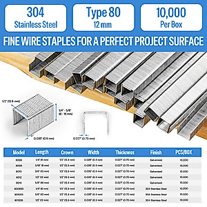 meite 21 Gauge 1/2-inch Crown 304 Stainless Steel Upholstery Staples with 1/2-inch Leg for MT8016 Stapler 10,000 PCS/Box