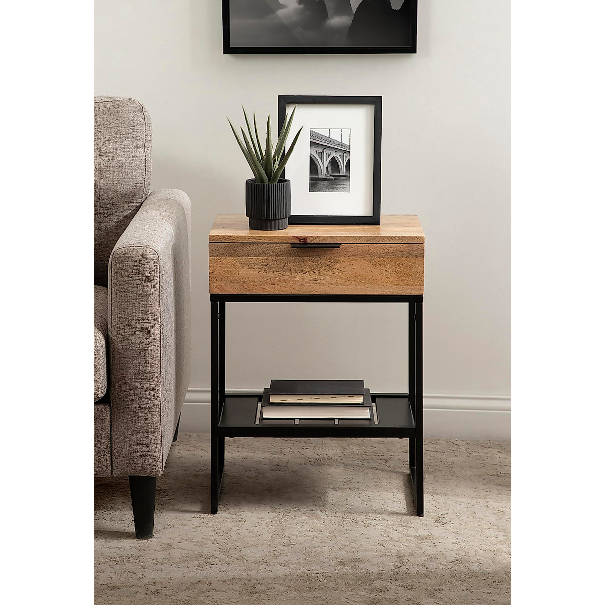 Kate and Laurel Malone Modern Wooden Side Table with Metal Shelf, 18 x 13 x 25, Natural Brown and Black, Transitional Wood Nightstand with Storage Shelf Below