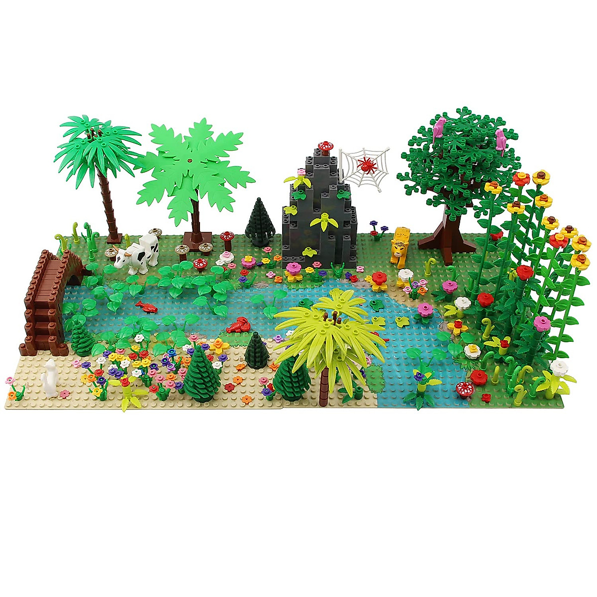 Feleph Jungle Toy Building Set MOC Garden Playset with 2 Baseplates Forest Wildlife Bridge Plants Trees Flowers Animals Cow Wetland Park Kit Block Accessories Compatible with Major Brand