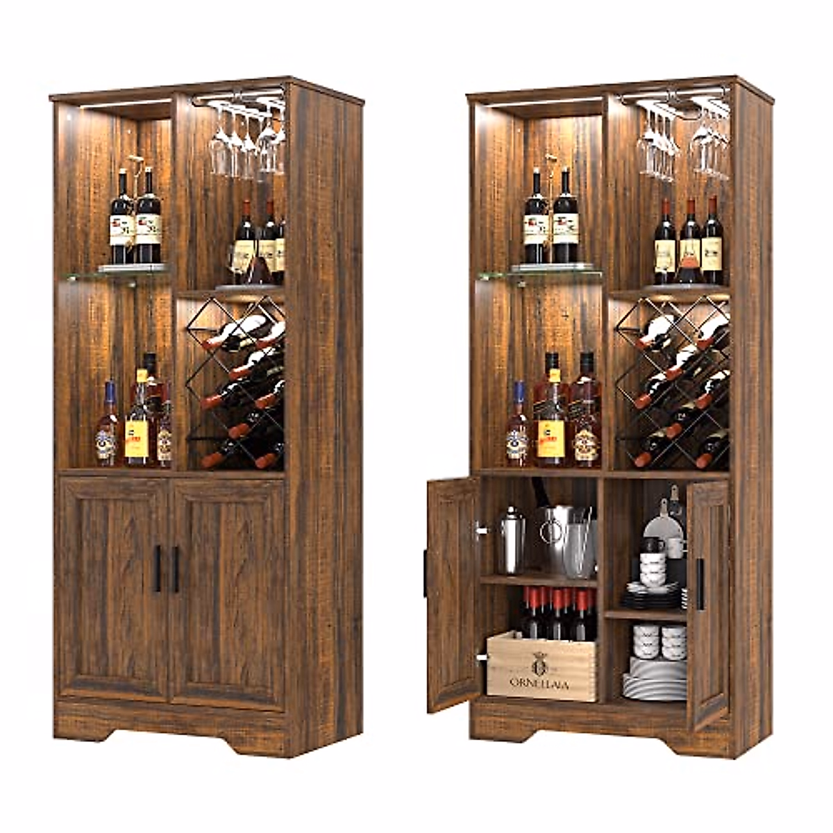 Kasibie Wine Cabinet, Wine Bar Cabinet with LED Lights, Liquor Cabinet with Glass Holder Wine Rack, Farmhouse Modern Liquor Cabinet with Storage for Home (Brown)
