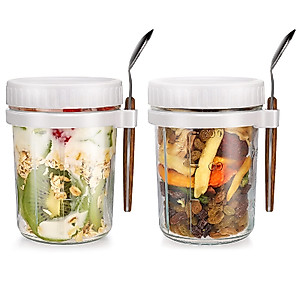 Xigugo Overnight Oats Jars, Overnight Oats Container with Lid and Spoon, 10 oz Cereal, Milk, Vegetable and fruit Salad Storage Container with Measurement Marks (white2)