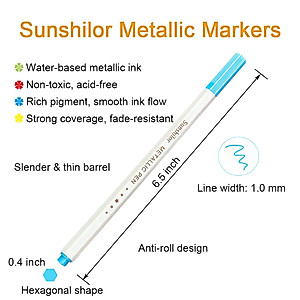 Sunshilor Metallic Markers Fine Point Metallic Marker Pens for Black Paper, Art Rock Painting, Easter Egg, Halloween Pumpkin, Card Making, Metal, Ceramics, Wine Glass, Set of 12