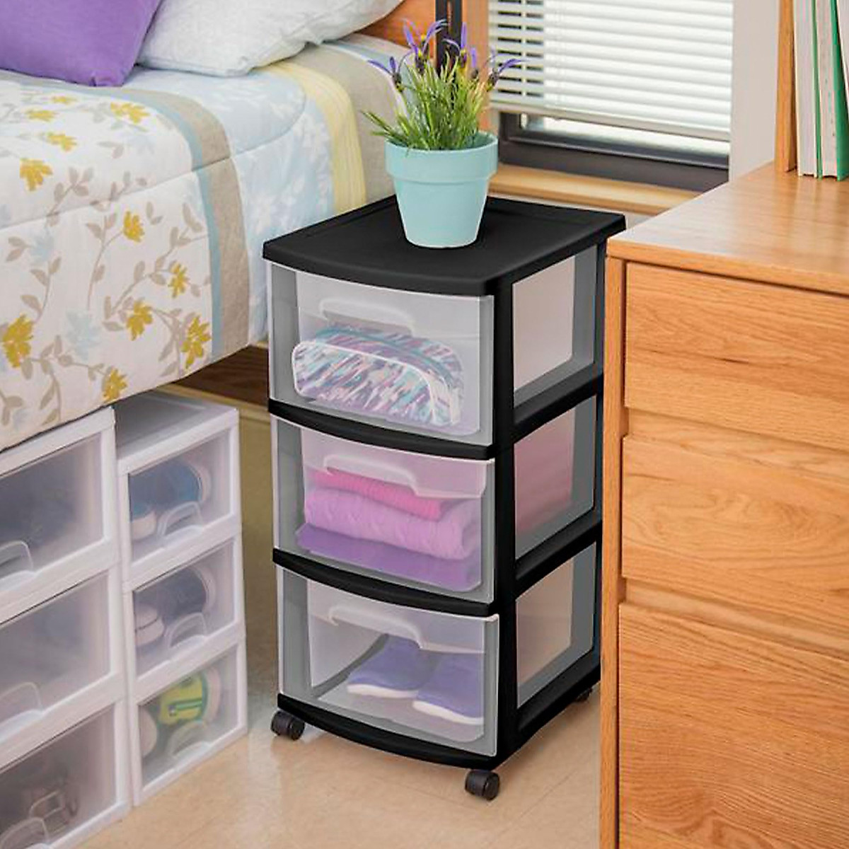 Sterilite 3-Drawer Storage Cart, Clear with Black Frame (4-Pack)