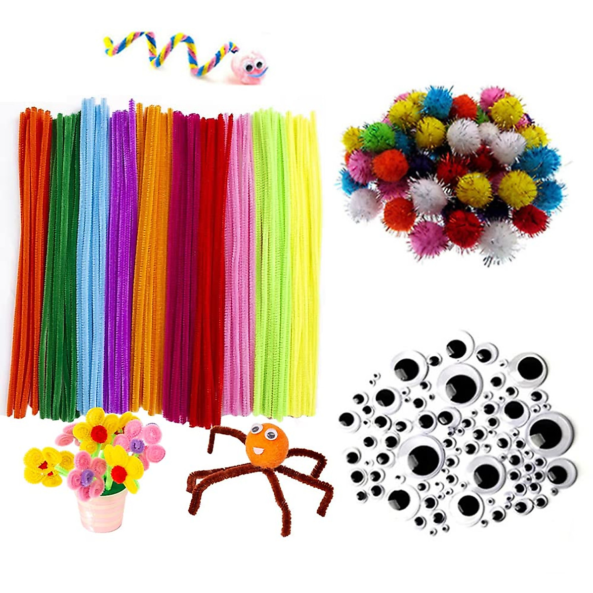 1200 Pcs Christmas Pipe Cleaners Craft Set, BetterJonny 10 Colors 200 Pcs Chenille Stems Pipe Cleaners, 200 Pcs Pom Poms & 800 Pcs Googly Eyes for Schools or kindergartens DIY Crafting Supplies