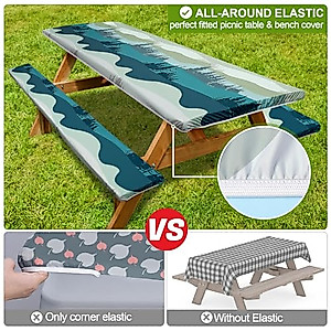 Picnic Table Cover with Bench Covers Camping Essentials Waterproof Windproof Camping Tablecloth with Drawstring Bag, Fitted Rectangle Tables and Seats, 96in, Green Blue