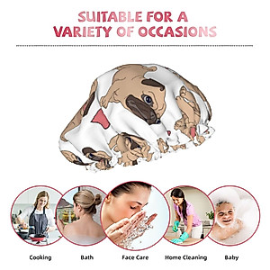 White Brown Pug Shower Cap for Women,Double Waterproof Layers Bathing Shower Hat Large Designed for all Hair
