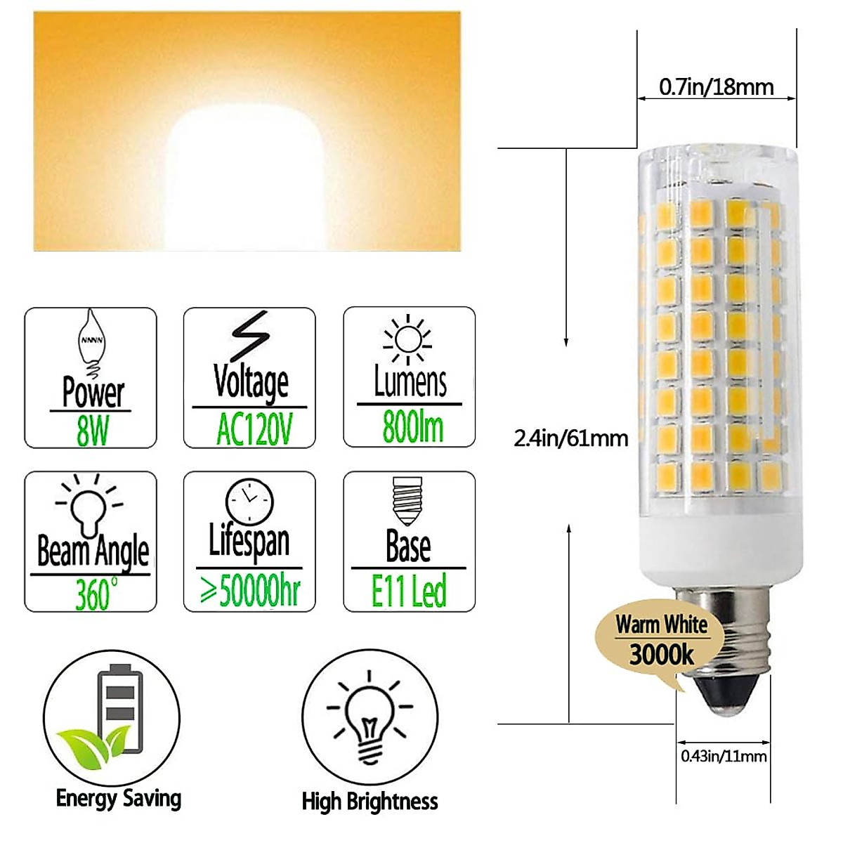 HXMLIHB E11 LED Bulb，JD T3/T4 E11 Mini Candelabra Base，8W Dimmable，80W Halogen Bulb Replacement，800LM,AC110V-130V,Warm White 3000K for Indoor Decorative Lighting(Pack of 2)