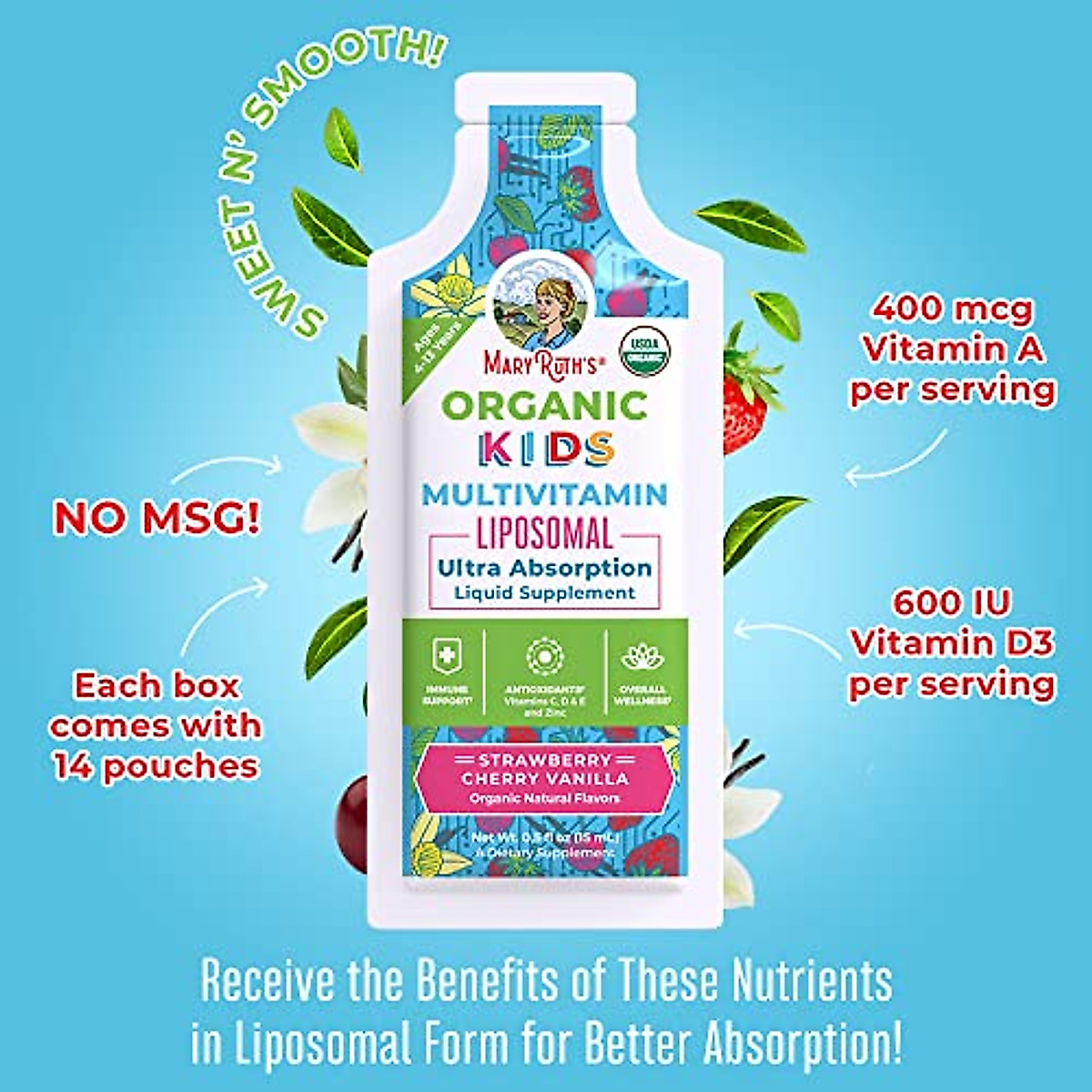 Multivitamin for Kids USDA Organic | Sugar Free Kids Multivitamin | Liquid Vitamins for Kids | Immune Support Supplement | Cognitive Health & Overall Wellness | Vegan | 14-0.5 Fl Oz Pouches