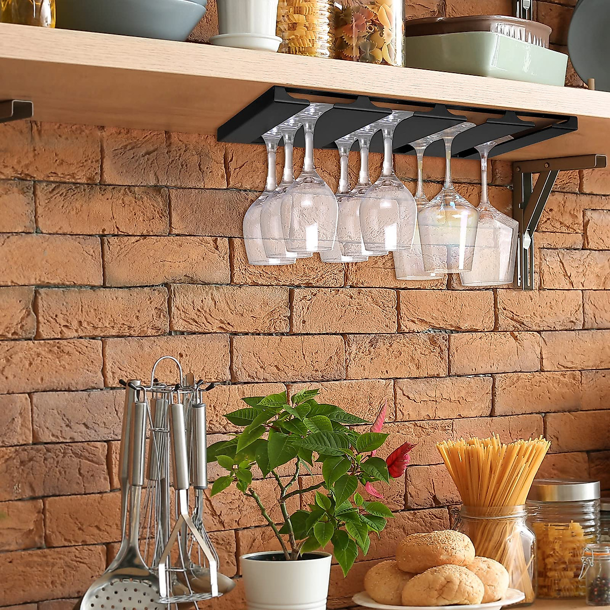 Wine Glasses Rack Hanging Under Cabinet Stemware Storage Hanger with 4 Rows Metal Bar Shelves for Kitchen Restaurant Cabinets Shelf – Fits from 1.1 to 3.4 inch Base of Goblet HG617