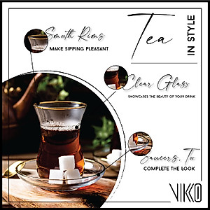 Vikko Turkish Tea Glasses & Saucers, 5.5 Oz Turkish Tea Cups,Turkish Glass Tea Set For Six, Tea Cup Glass, Clear Glass Tea Cups And Saucers, Gold Accented Turkish Tea Cup Set, 6 Cups and 6 Plates