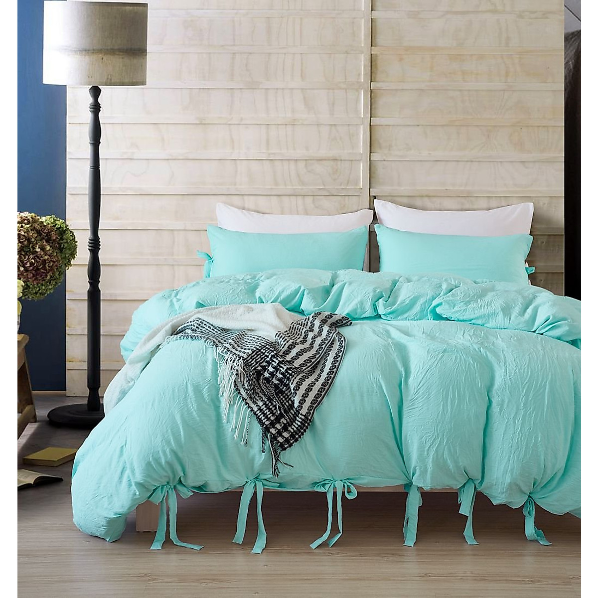 DREFEEL Egyptian Quality Vibrant Stone Washed Microfiber Turquoise Duvet Cover Queen Size 3 Pcs Set (1 Duvet Cover, 2 Pillowcases) - Soft Comforter Cover Quilt Case - Solid Bedding