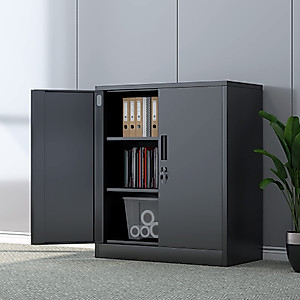 iJINGUR Metal Storage Cabinet with Locking Doors and 2 Adjustable Shelves, Small Lockable Steel Storage Cabinets for Garage Home Office Basement Pantry Classroom and Workshop (Black)