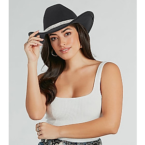 Five Rows Rhinestones-Cowboy-Cowgirl-Hat - Roll Wide Brim Western-Hat for Wedding Music Costume Party (Fit for M-L) Black