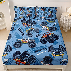 AILONEN Truck Fitted Sheet Set for Boys,Graffiti Blue Monster Truck Bedding Set Twin Size for Kids Boys Teens for Bedroom Decor,1 Fitted Sheet and 2 Pillowcases,3 Pieces