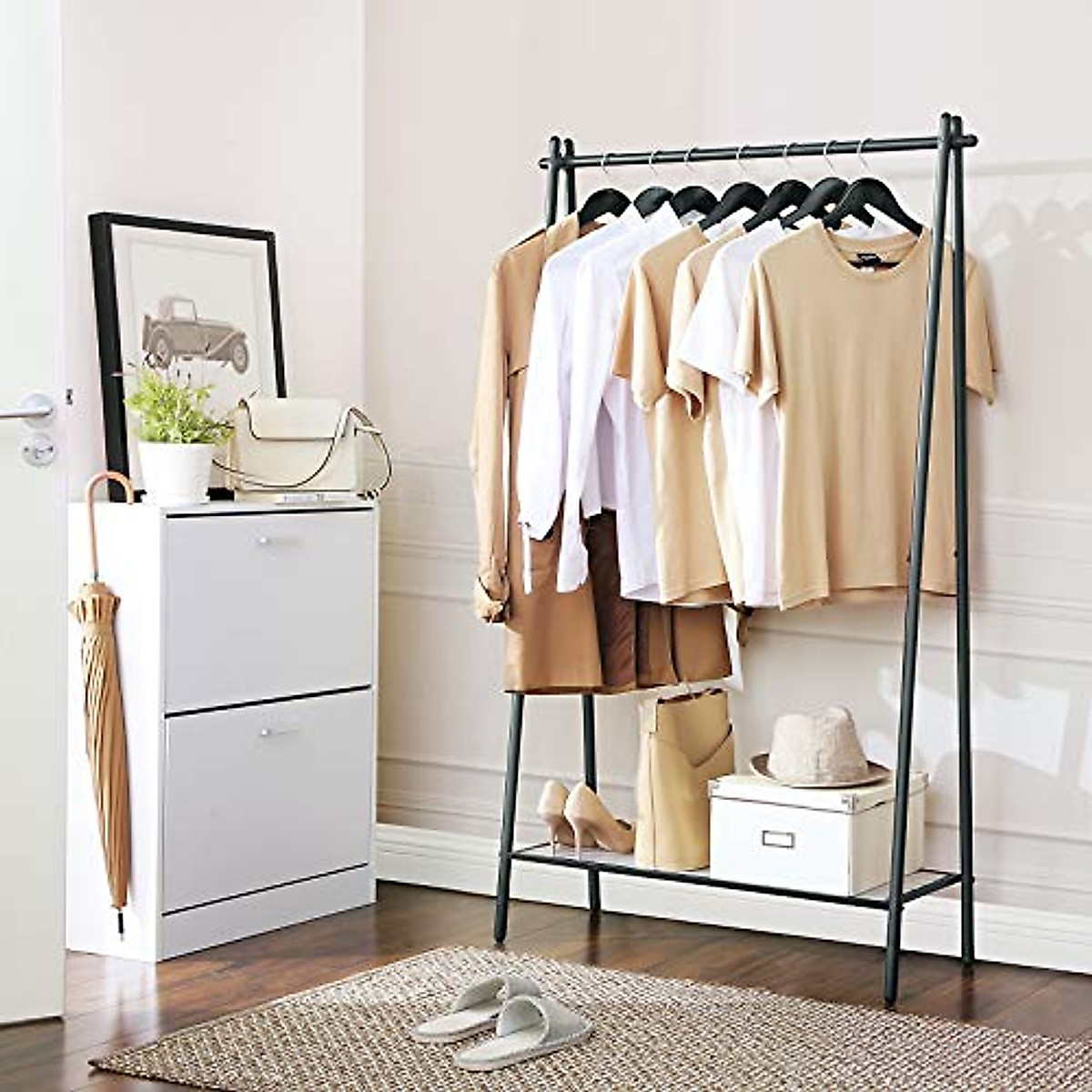 SONGMICS Clothes Rack, Clothing Rack, Garment Rack with Steel Frame, with Hanging Rail and Shelf, 13.2 x 36.4 x 60.2 Inches, for Bedroom, Dressing Room, Laundry Room, Ink Black UHSR23BKV1