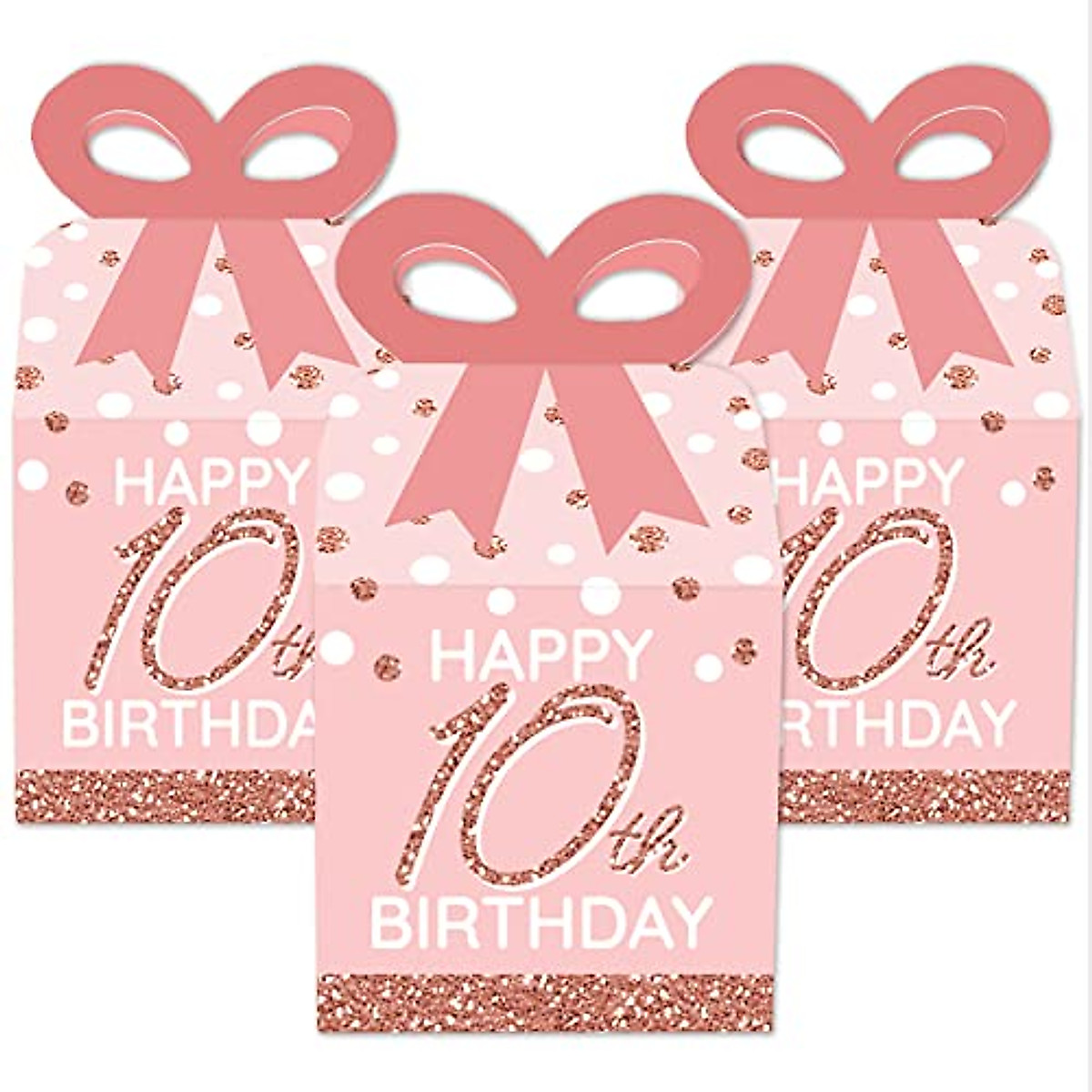 Big Dot of Happiness 10th Pink Rose Gold Birthday - Square Favor Gift Boxes - Happy Birthday Party Bow Boxes - Set of 12