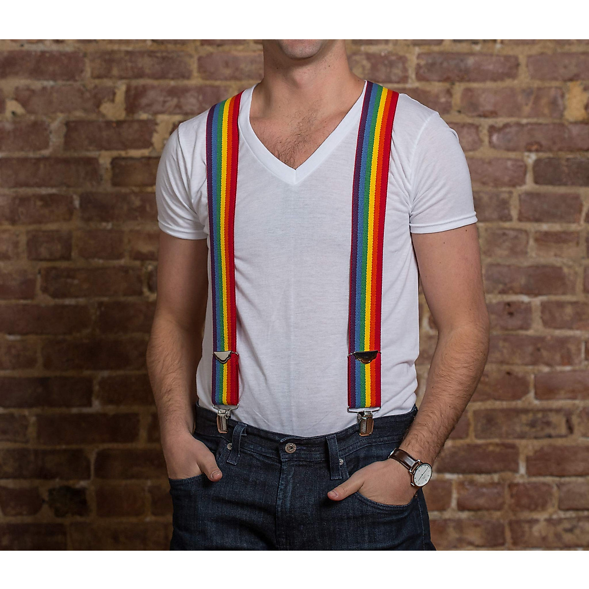Jackster Rainbow Suspenders X-back adjustable with strong Jumbo clips 2" wide