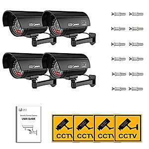 WALI Bullet Dummy Fake Surveillance Security CCTV Dome Camera Indoor Outdoor 1 Flashing LED Light and Security Alert Sticker Decals (Wl-B1-4), Black, 4 Pack