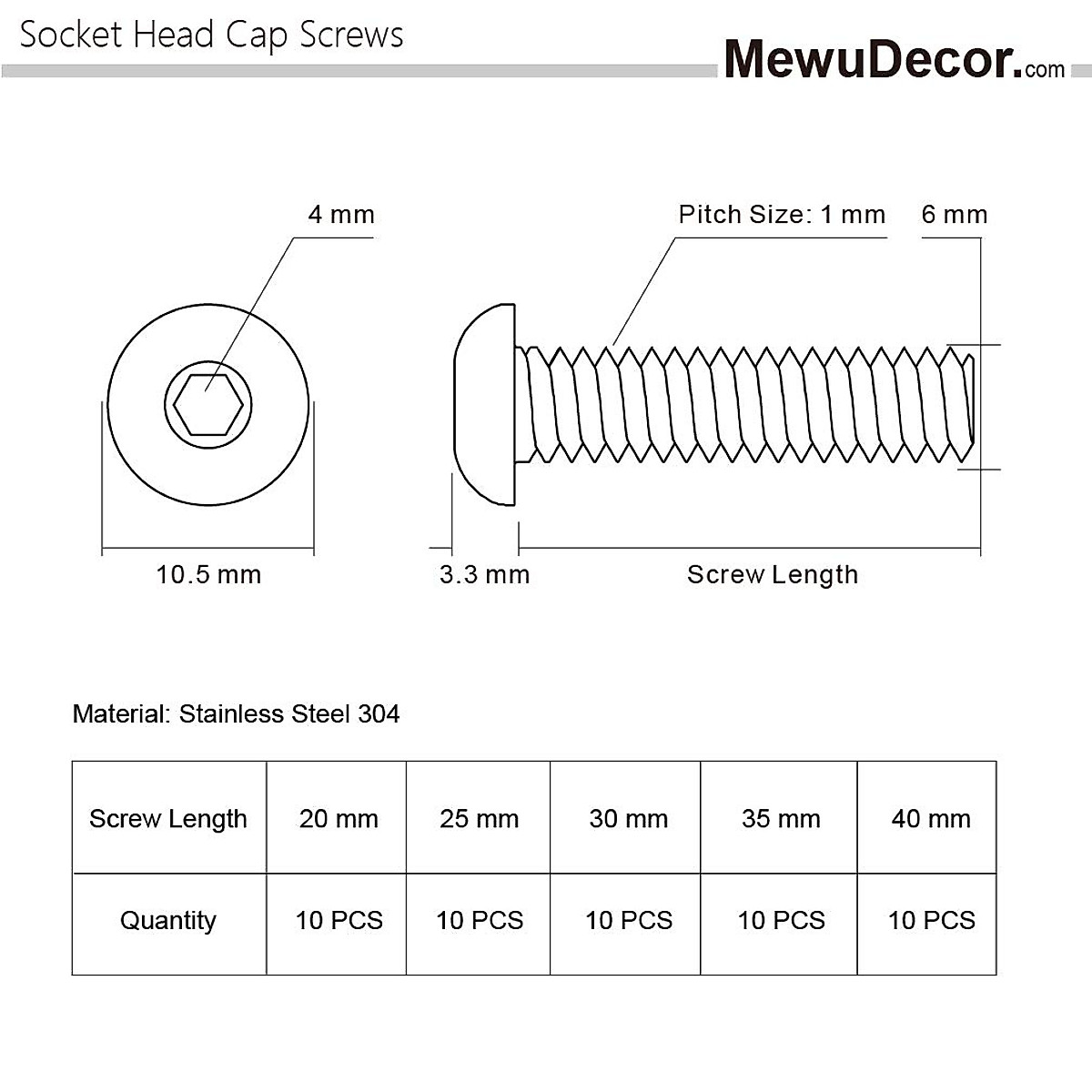 50 PCS Button Head Socket Cap Screws, M6 x 20mm, 25mm, 30mm, 35mm, 40mm, 304 Stainless Steel 18-8, Bright Finish, Fully Threaded