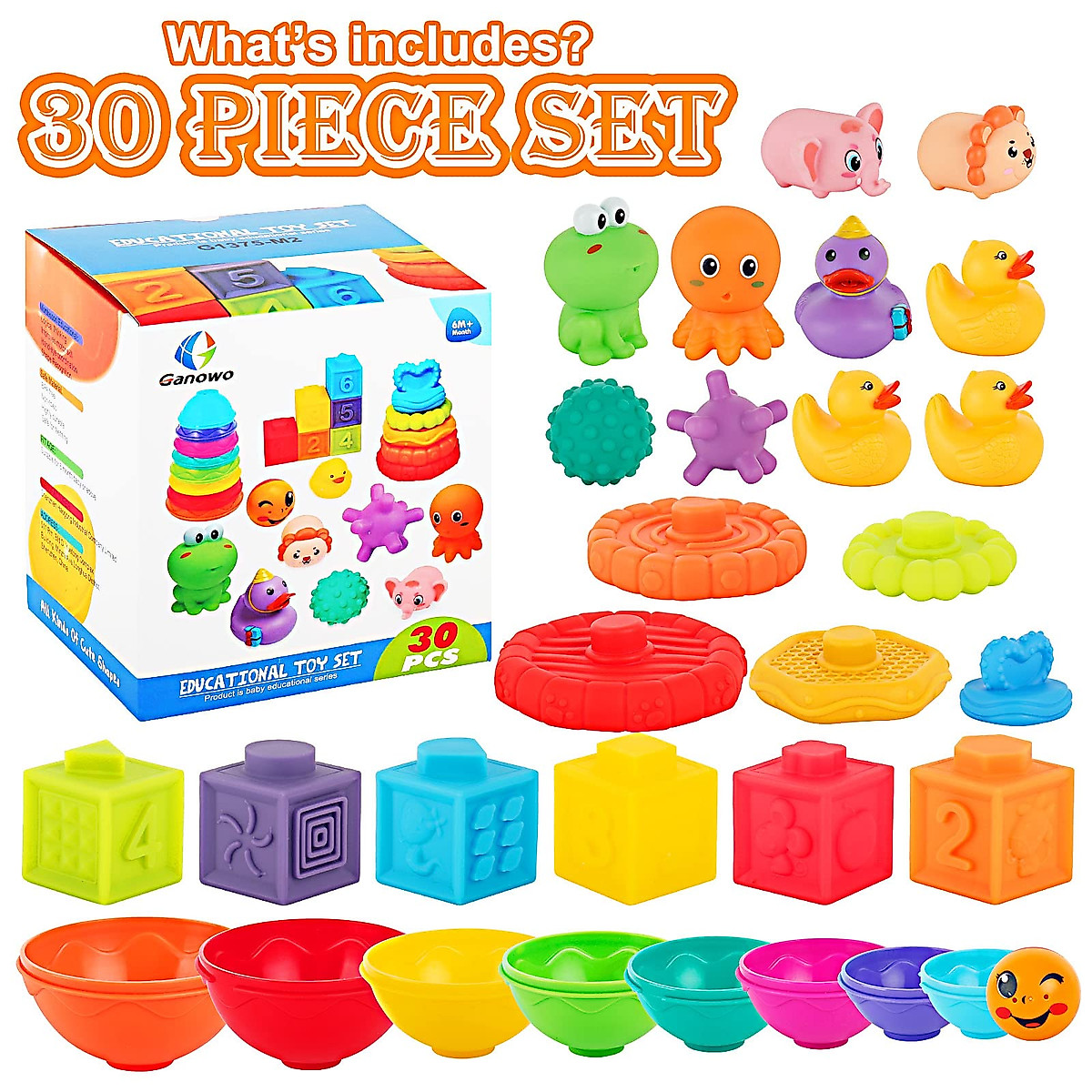 Ganowo Montessori Toys for 1 Year Old, 5 in 1 Baby Toys 12-18 Months, Stacking Building Blocks Baby Teething Toys, Sensory Preschool Learning Educational Toys