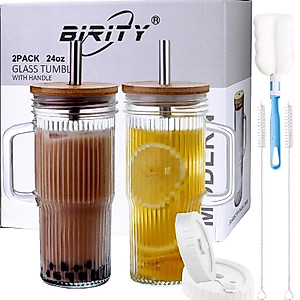 Birity 24oz Ribbed Glass Cup with Lids and Straws,2Pack Glass Tumbler with Handle,Reusable iced Coffee Cups,Wide Mouth Mason jar Cup for Smoothie,Iced Coffee,Fruit Juice,Soda Water,Tea,Travel Mug