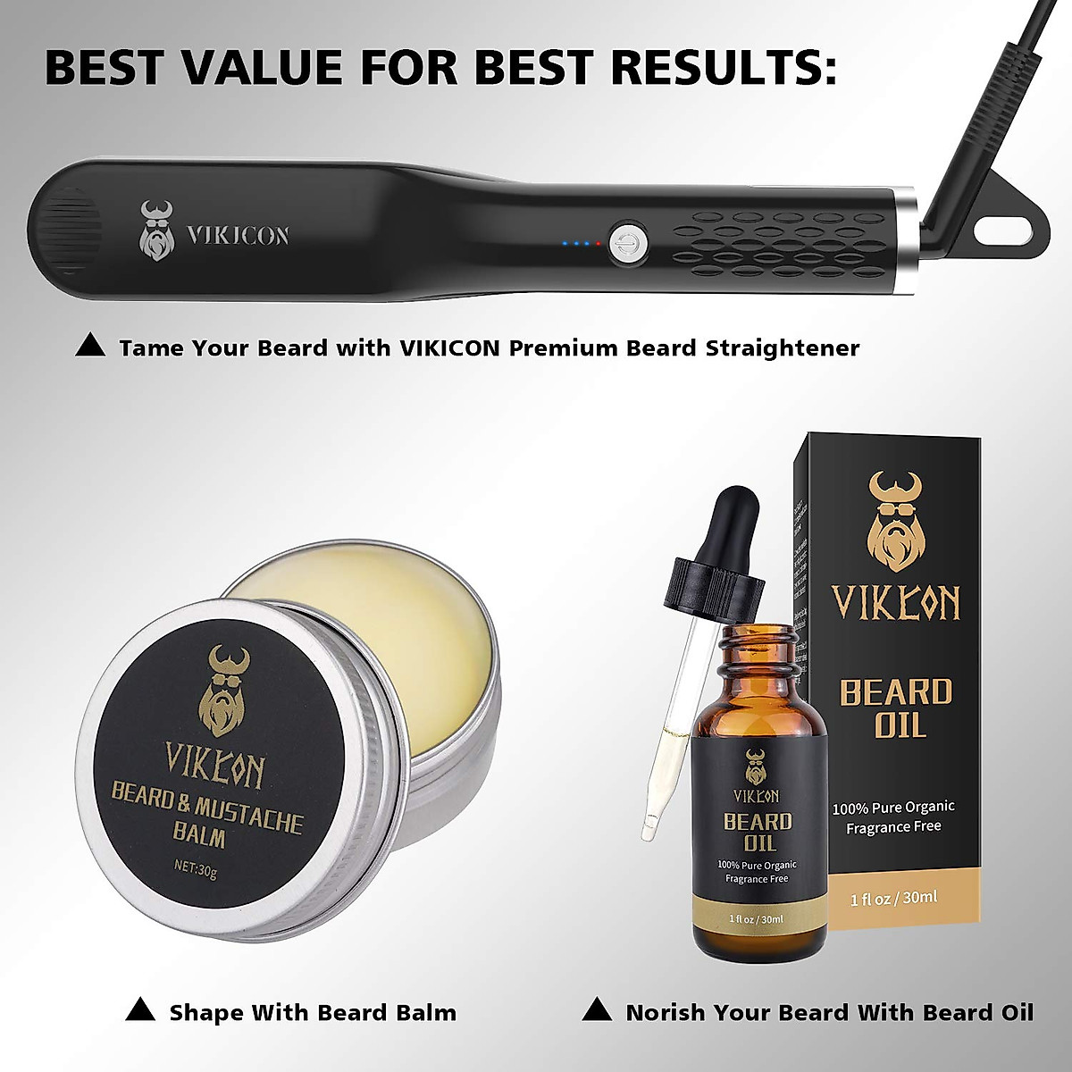 Beard Straightener for Men with FREE Beard Oil and Beard Balm, Fast Anti-Scald Beard Straightening Comb, Double Sided Ceramic Heated Beard Brush 3 Temperature Settings Portable for Travel and Home
