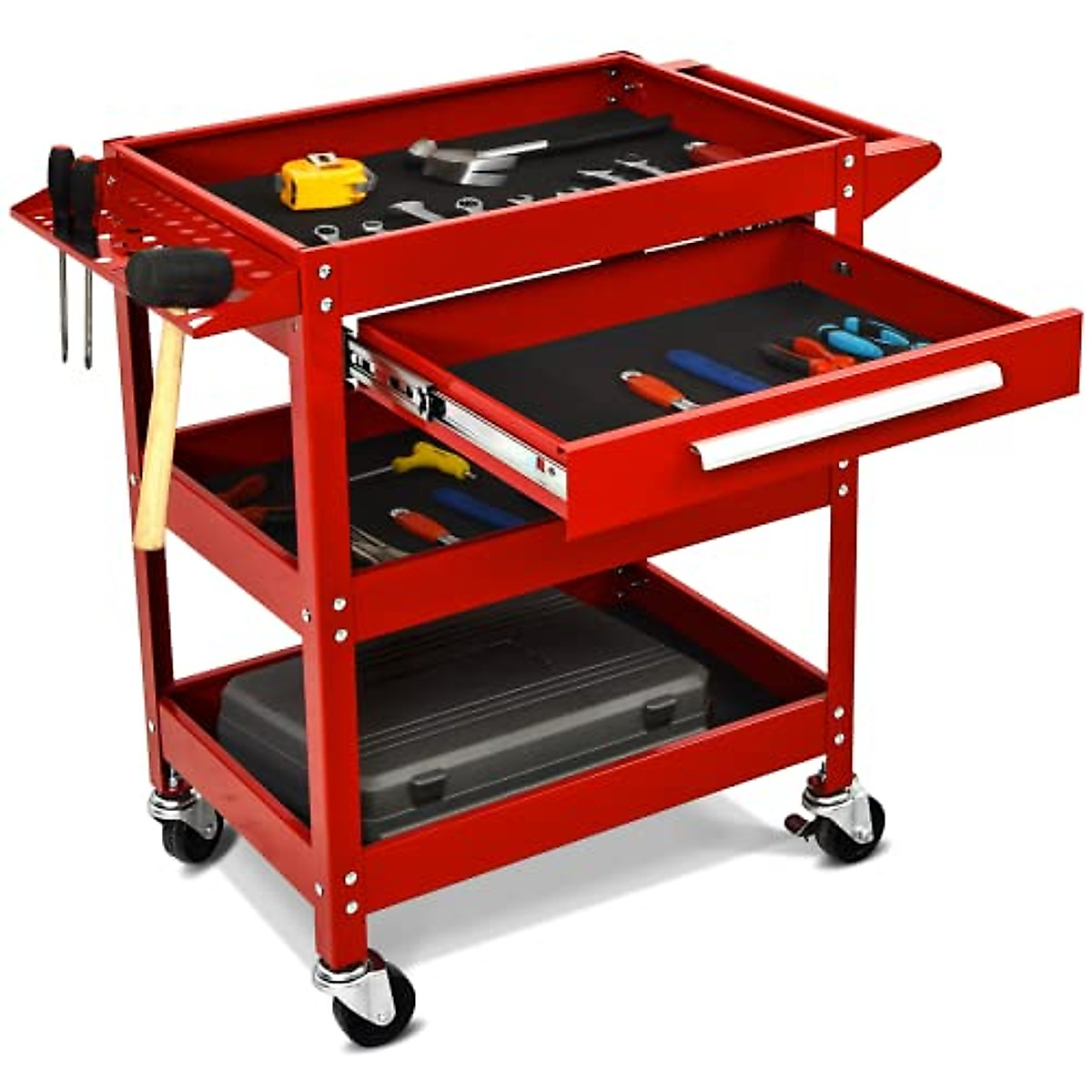 ARNOT 3 Tier Rolling Tool Cart, 330 LBS Tool Cart on Wheels for Mechanics, Heavy Duty Tool Cart with Drawers, Perfect for Garage, Warehouse & Repair Shop, Red