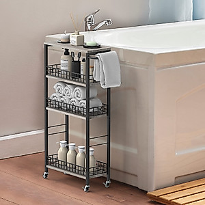 4 Tier Slim Storage Cart Narrow Laundry Cart on Wheels Utility Kitchen Rolling Cart with Wood Tabletop Mobile Shelving Unit Bathroom Storage Organizer Slide Out Rolling Tower for Narrow Spaces