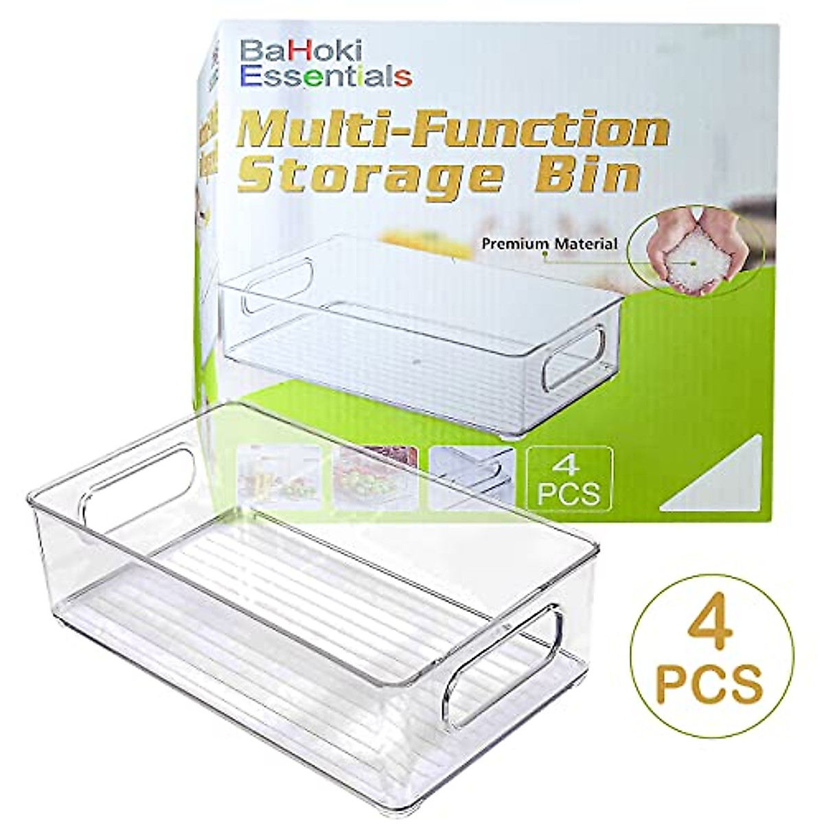 Bahoki Essentials Kitchen Pantry Bin - Clear Plastic Storage for Freezer and Refrigerator - Kitchen Organizer for Snack, Drink, Fruit and Vegetable - Multifunctional Stackable Home Bins