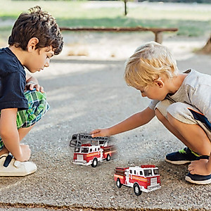 ArtCreativity 5.5 Inch Toy Fire Trucks - Set of 2 - Pull Back Firetruck Toy Cars for Boys and Girls - Includes Metal Ladder Truck and Fire Engine - Best Birthday Gift for Kids, Toddlers